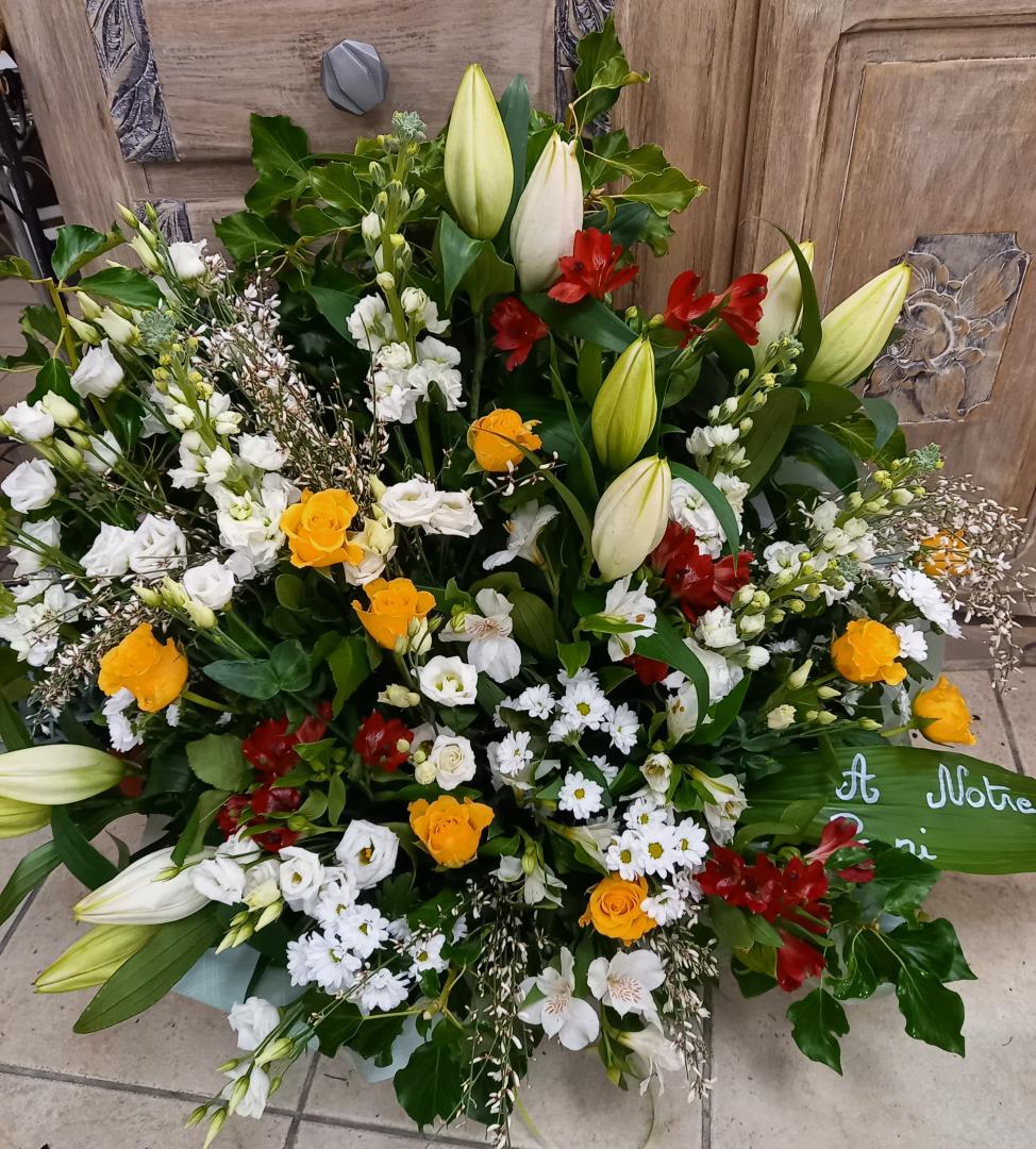 Devant de tombe rouge, jaune et blanc - Au coin fleuri, créatrices florales
